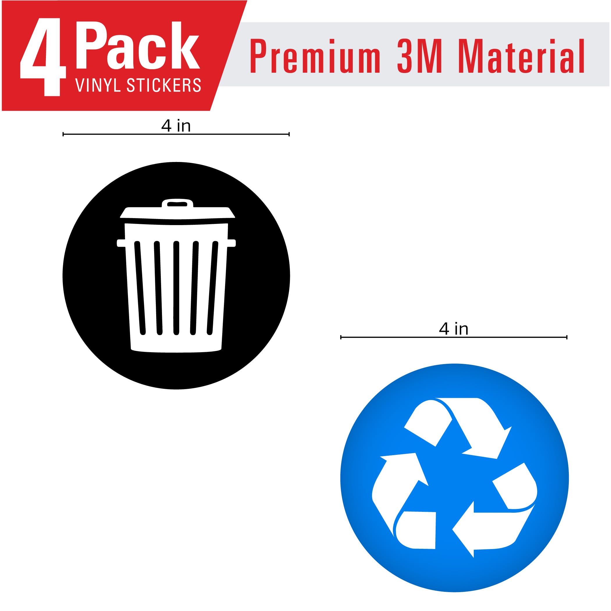 Recycle and Trash Logo Stickers 4 Pack - 4in Circle - for Metal or Plastic Garbage cans, and Bins - Indoor & Outdoor - Laminated and UV Protected Premium Decal (Blue, Small)