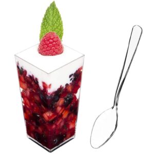 dlux 100 x 3 oz mini dessert cups with spoons, square tall - clear plastic parfait appetizer cup - small reusable serving bowl for party desserts appetizers - with recipe ebook