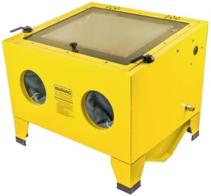 jegs bench top portable sand blaster cabinet kit - 15-25 cfm at 40-120 psi power sand blasters - heavy duty steel construction sandblasting cabinet - 23” x 19” x 14” sand blast cabinet work area