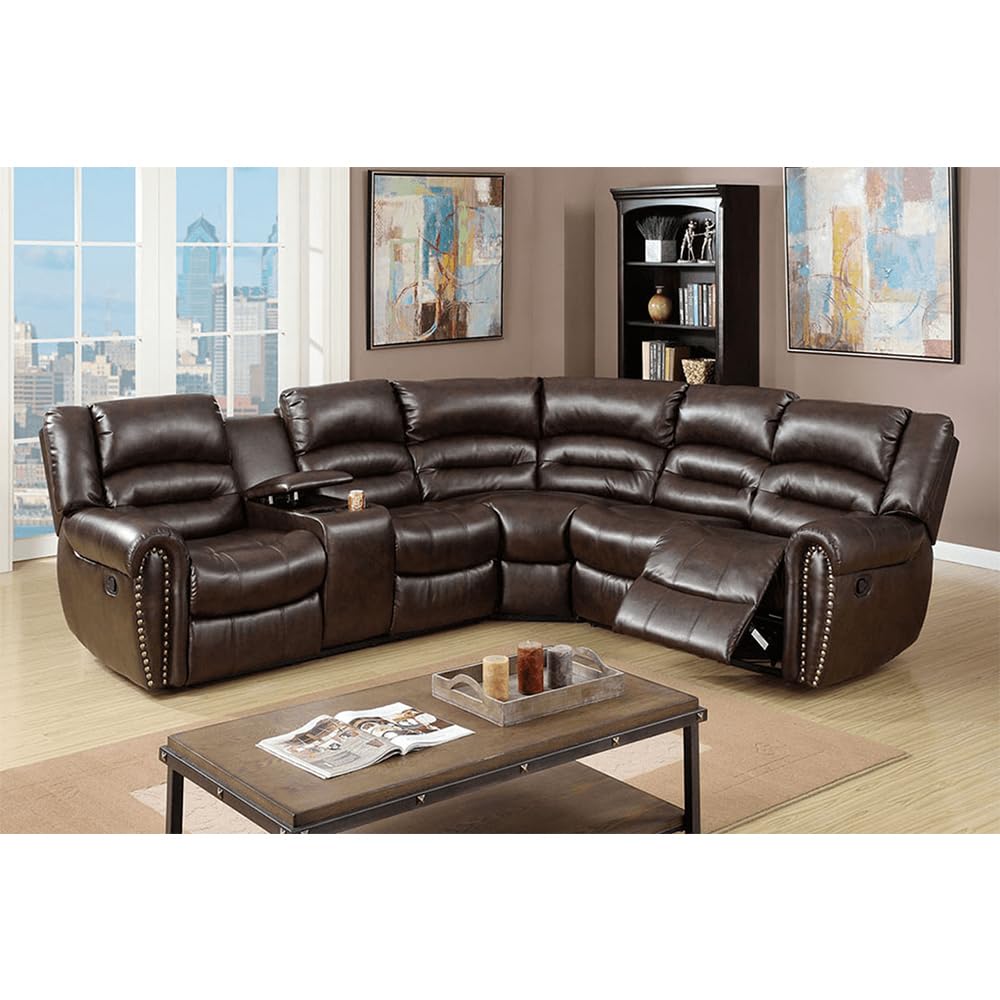 Poundex Tamanna Brown Bonded Leather Reclining Sectional Sofa