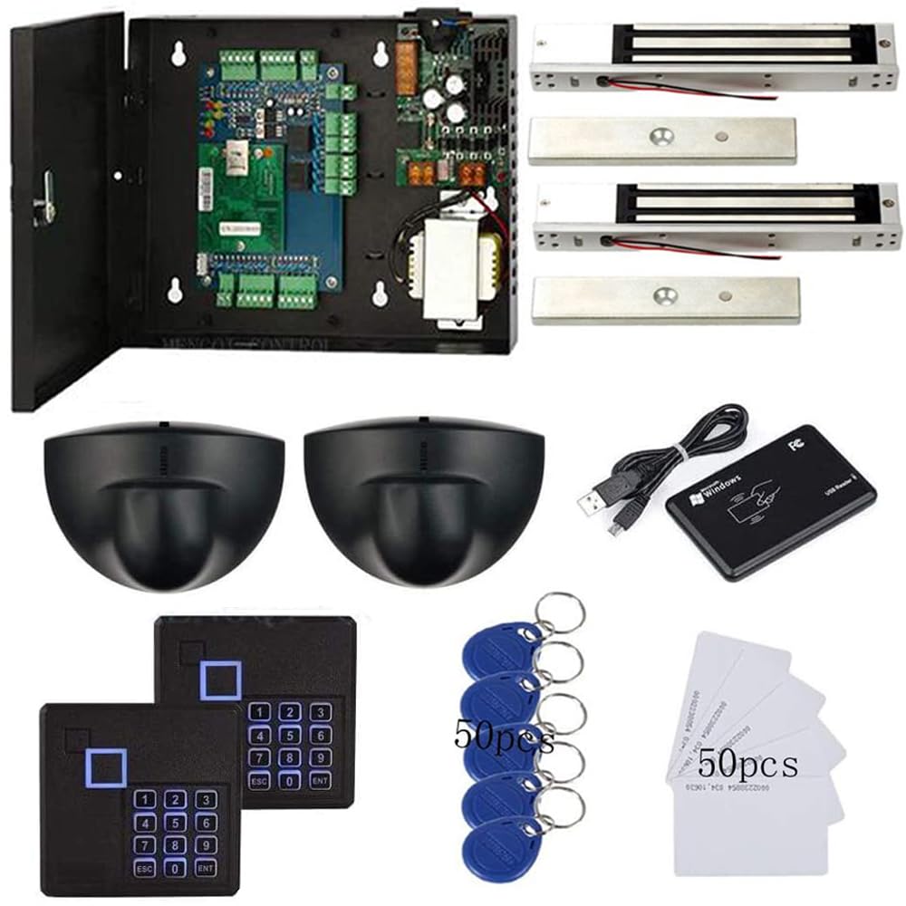 MENGQI-CONTROL Magnetic Lock Exit Motion Sensor 2 Doors TCP/IP Access Control System Keypad Reader Control Board 110V Power Supply Box USB Enroll Reader RFID Card/Key Fob(Phone APP Remote Open Door)