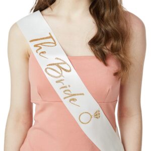 "the bride" sash - bachelorette party bridal shower wedding decorations bride accessories & gifts (white with glitter gold lettering)