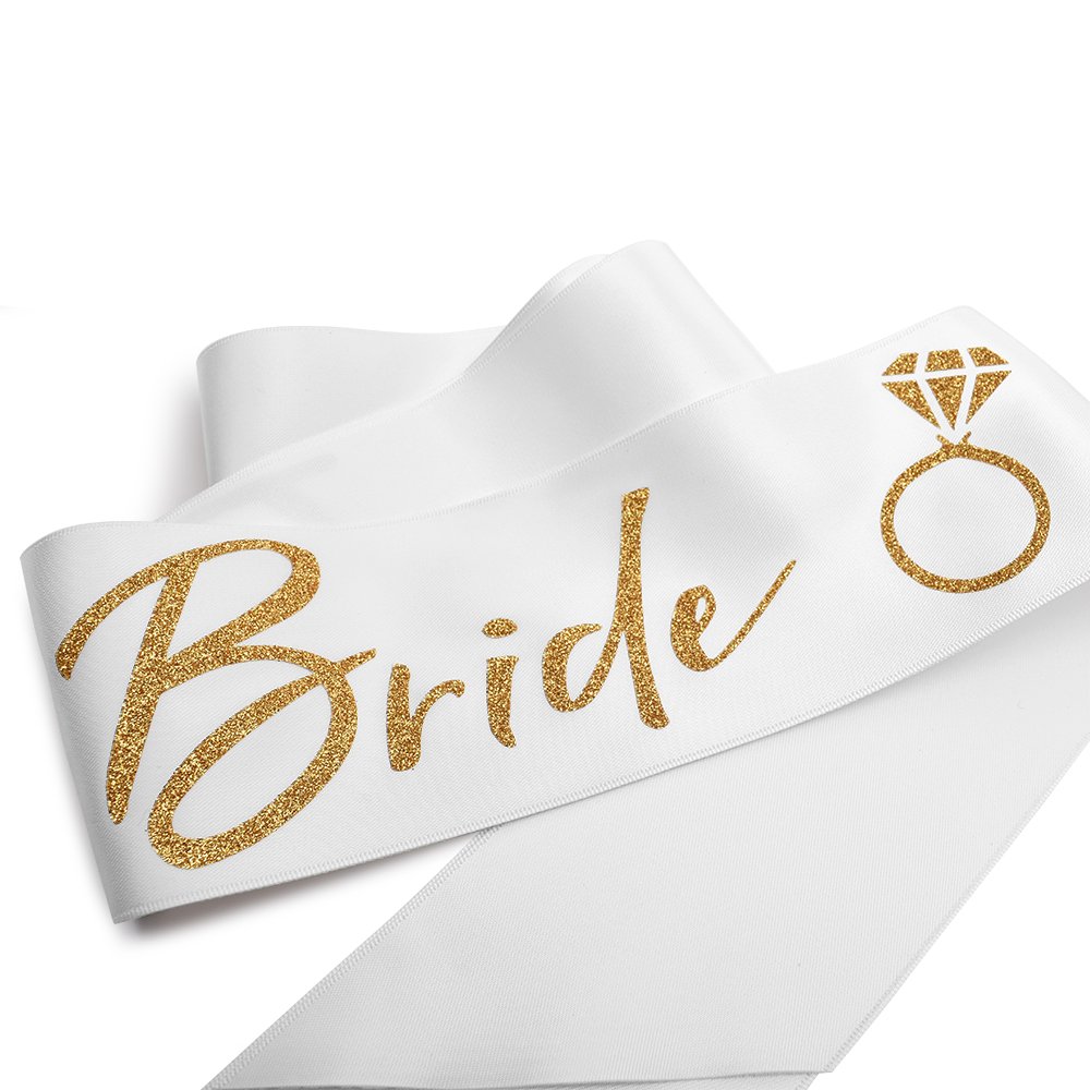 "The Bride" Sash - Bachelorette Party Bridal Shower Wedding Decorations Bride Accessories & Gifts (White with Glitter Gold Lettering)