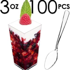 DLux 100 x 3 oz Mini Dessert Cups with Spoons, Square Tall - Clear Plastic Parfait Appetizer Cup - Small Reusable Serving Bowl for Party Desserts Appetizers - With Recipe Ebook