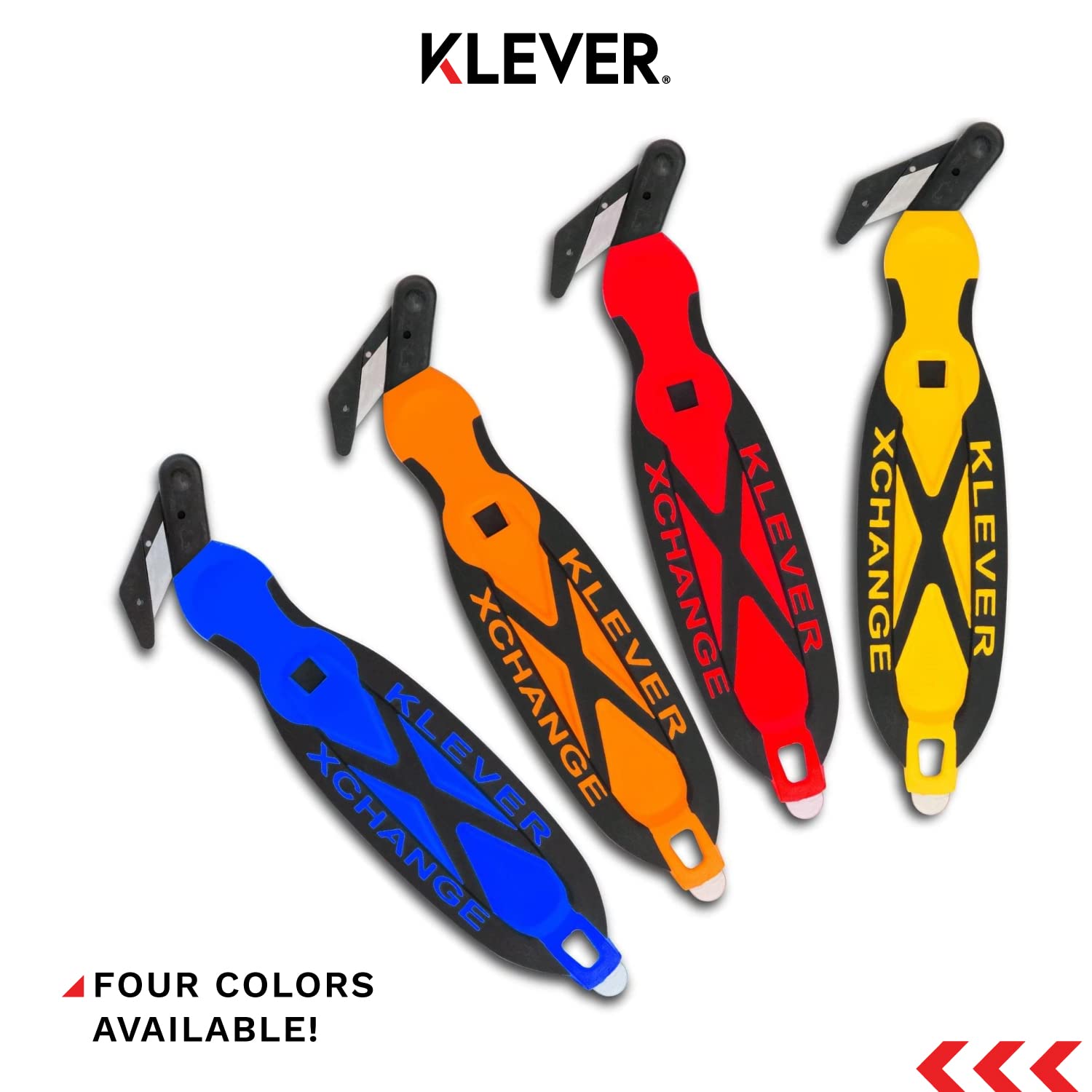 Klever XChange Box Cutter, Klever Kutter Package Opener Wide Cut Head, Ergonomic Soft Touch Handle Utility Knife, Cuts Thicker Substrates, Boxes, Film, Tape and More, Red, 10 Pack (KCJ-XC-30R)