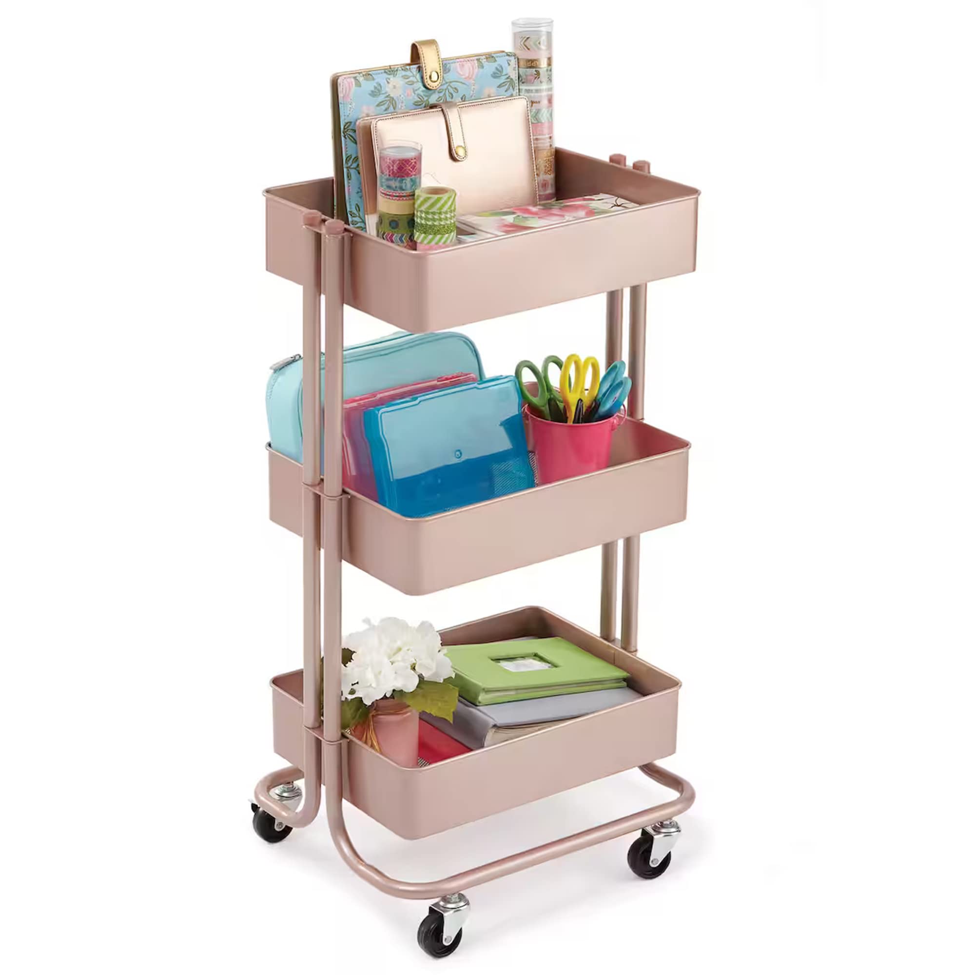 Simply Tidy Lexington 3 Tier Multipurpose Stylish Rolling Storage Cart for Organizing Supplies in Home or Office Spaces, Rose Gold