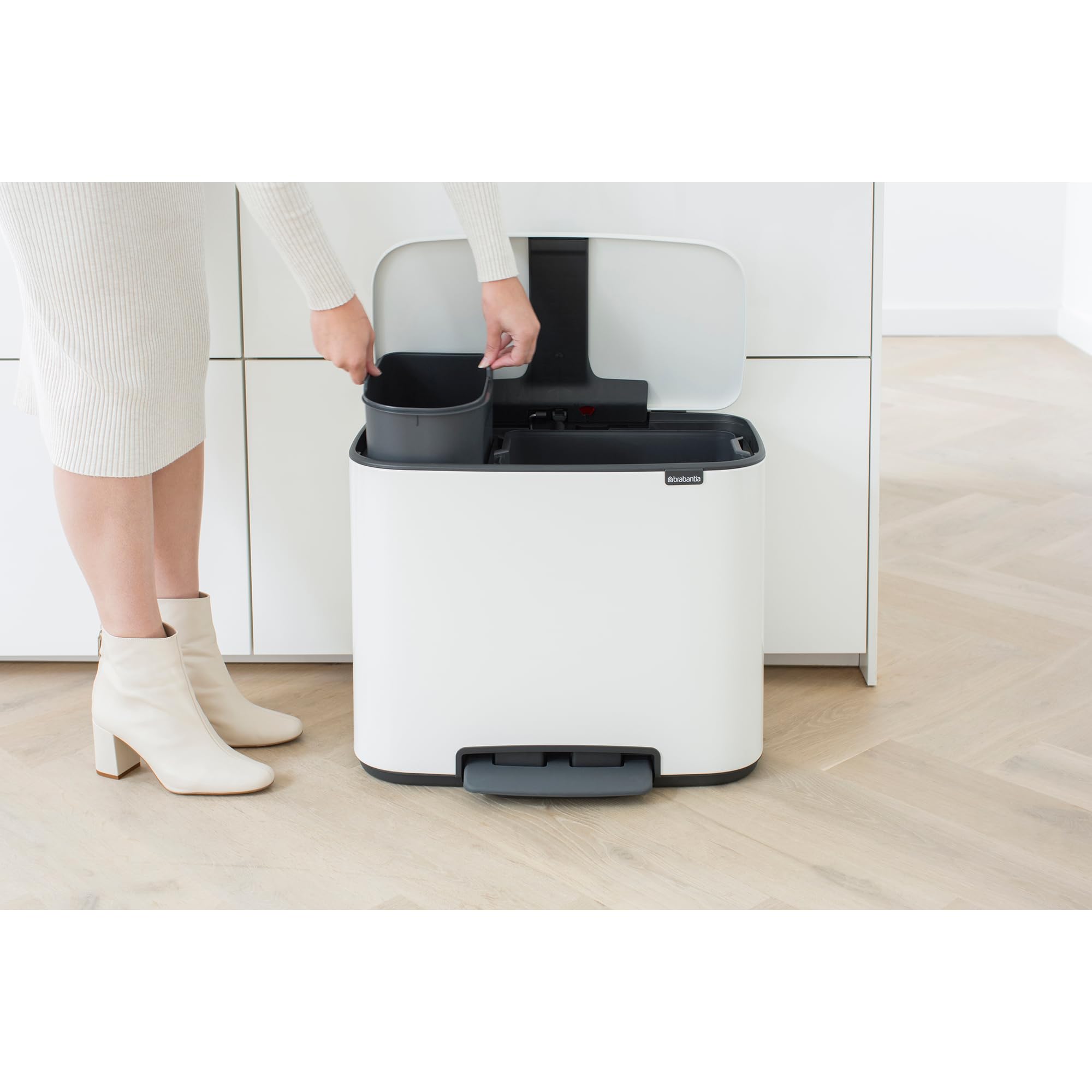 Brabantia Bo Step-On Pedal Trash Can - 3 + 6 Gal Inner Buckets (White) Waste/Recycling Garbage Can, Removable Compartments + Free Bags