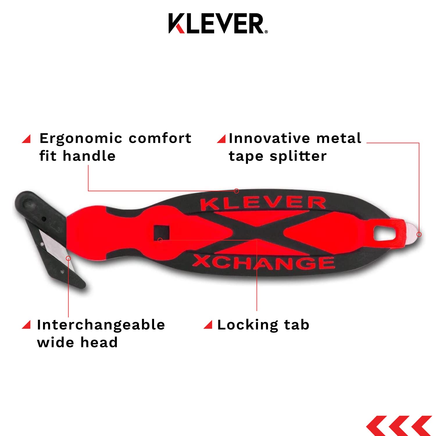 Klever XChange Box Cutter, Klever Kutter Package Opener Wide Cut Head, Ergonomic Soft Touch Handle Utility Knife, Cuts Thicker Substrates, Boxes, Film, Tape and More, Red, 10 Pack (KCJ-XC-30R)