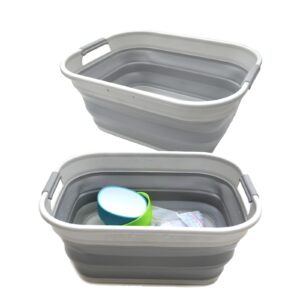 sammart set of 2-19.5l (5.1 gallon) collapsible plastic storage basket-foldable pop up storage container/organizer - portable washing tub, water capacity 14.5l/3.8 gallon (set of 2, grey)