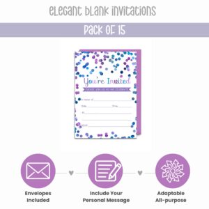 Purple Confetti Invitations with Envelopes (15 Pack) Invites for Girls Birthday, Baby Shower, Teens, Kids, Graduation, Any Party – Abstract Watercolor Dot Theme – Personalize Blank Cards 4x6 Set