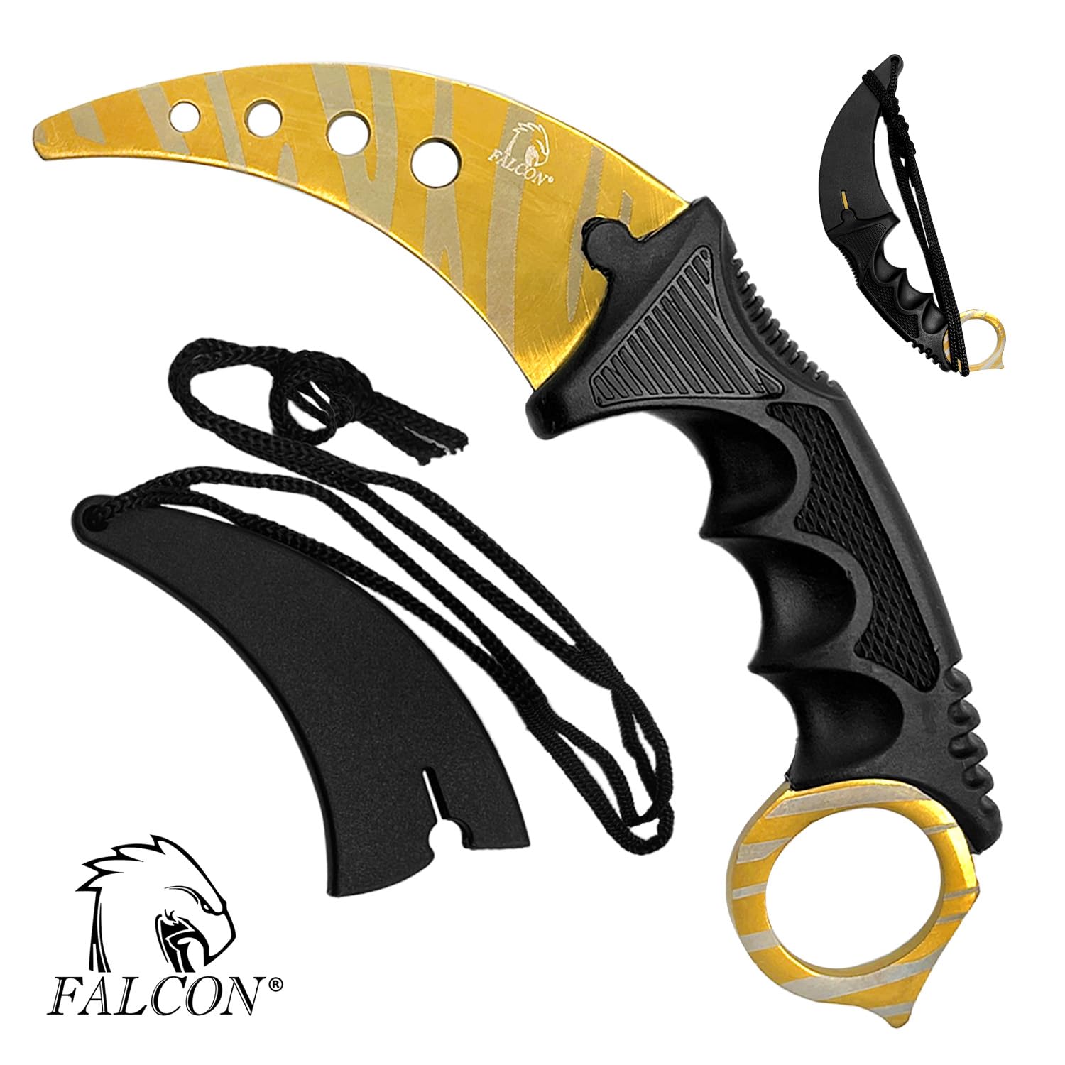 Falcon 7.5" Tactical Fixed Blade Traininer, No Edge. For Training Purpose Only (Tiger Tooth (Gold))