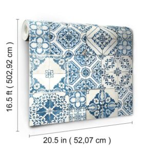 RoomMates RMK11083WP Blue Mediterranian Tile Peel and Stick Wallpaper 20.5" x 16.5 feet