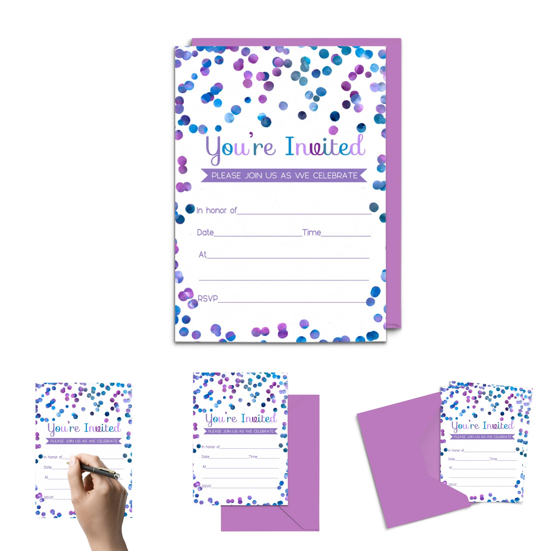 Purple Confetti Invitations with Envelopes (15 Pack) Invites for Girls Birthday, Baby Shower, Teens, Kids, Graduation, Any Party – Abstract Watercolor Dot Theme – Personalize Blank Cards 4x6 Set