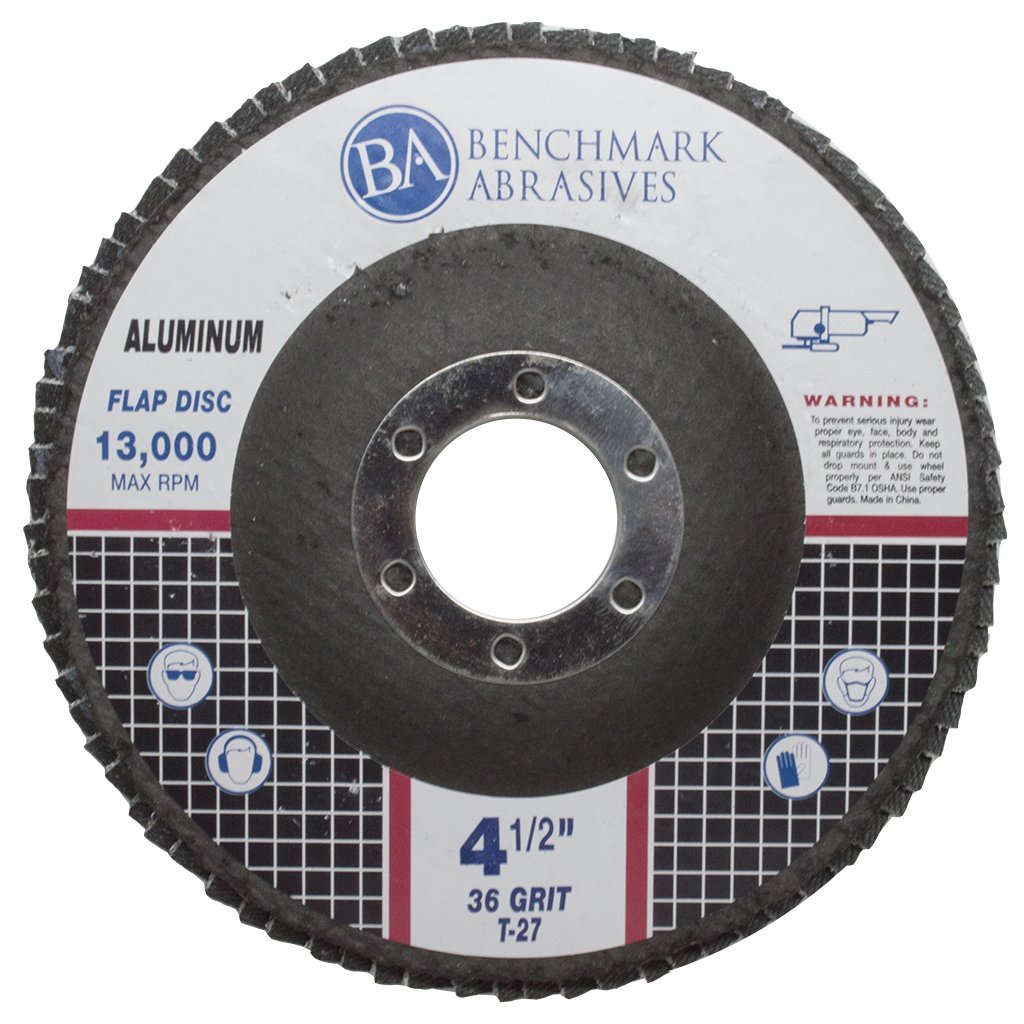 Benchmark Abrasives 4.5" x 7/8" Premium Stearate Coated Type 27 Flap Discs 4 1/2 for Angle Grinder - for Aluminum & Soft Metals - Sanding, Finishing, Grinding Wheels 4 1/2 Inch - (10 Pack) 36 Grit