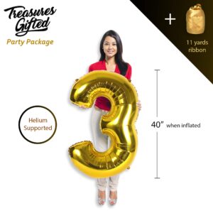 Treasures Gifted Large Gold Number Balloons - 40 Inch Foil Number 3 Balloon - Birthday Balloon Numbers - Graduation Balloon Numbers - Number Balloons for Birthday, Anniversary, New Years Eve Party