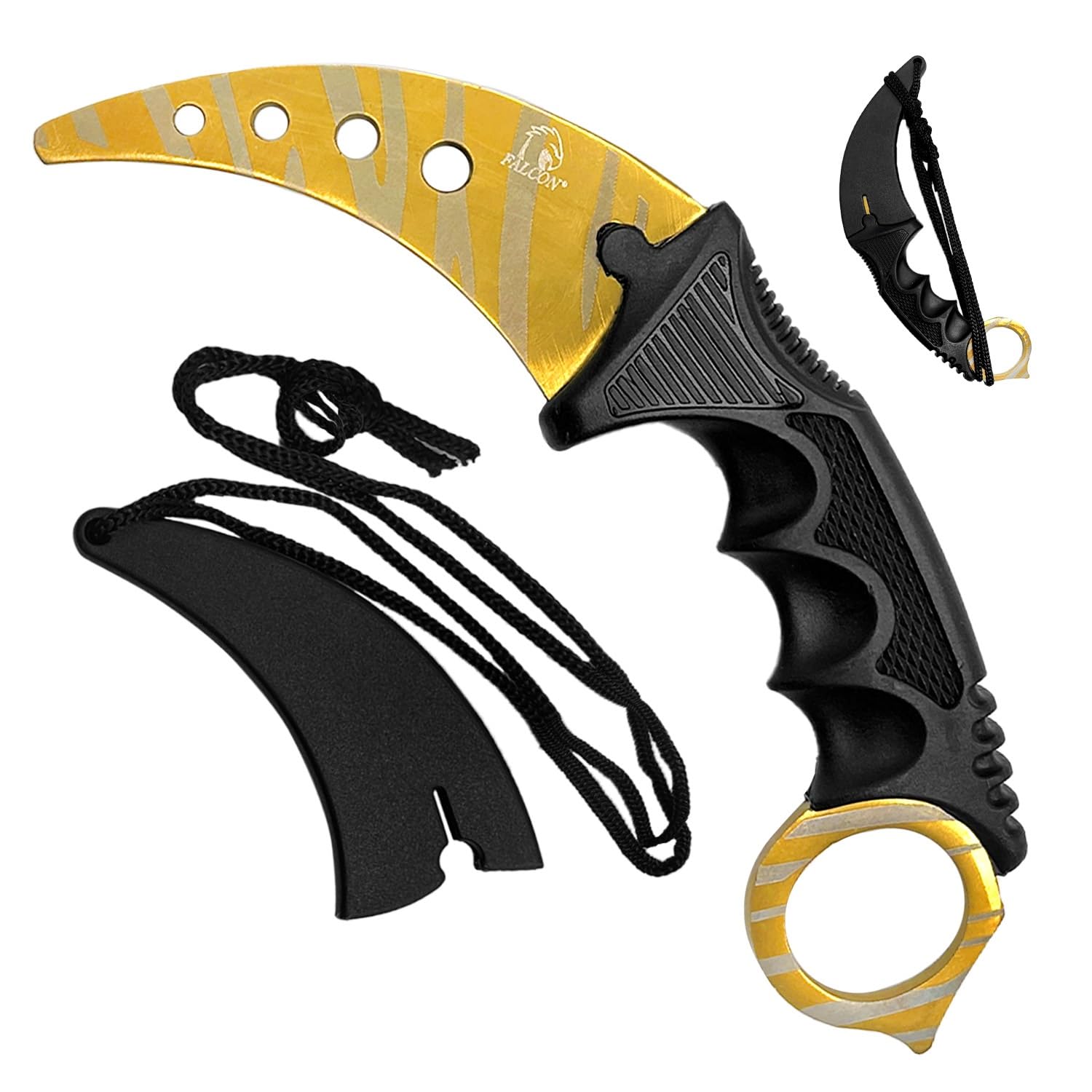 Falcon 7.5" Tactical Fixed Blade Traininer, No Edge. For Training Purpose Only (Tiger Tooth (Gold))