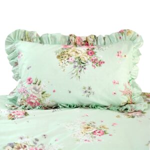 FADFAY Light Robin Egg Blue Duvet Cover Sets Floral Girls Bedding Set 100% Cotton Ruffled Farmhouse Bedding for Women Elegant Garden Style Dorm Bedding (3-Piece, Full Size)