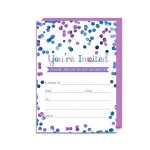 purple confetti invitations with envelopes (15 pack) invites for girls birthday, baby shower, teens, kids, graduation, any party – abstract watercolor dot theme – personalize blank cards 4x6 set