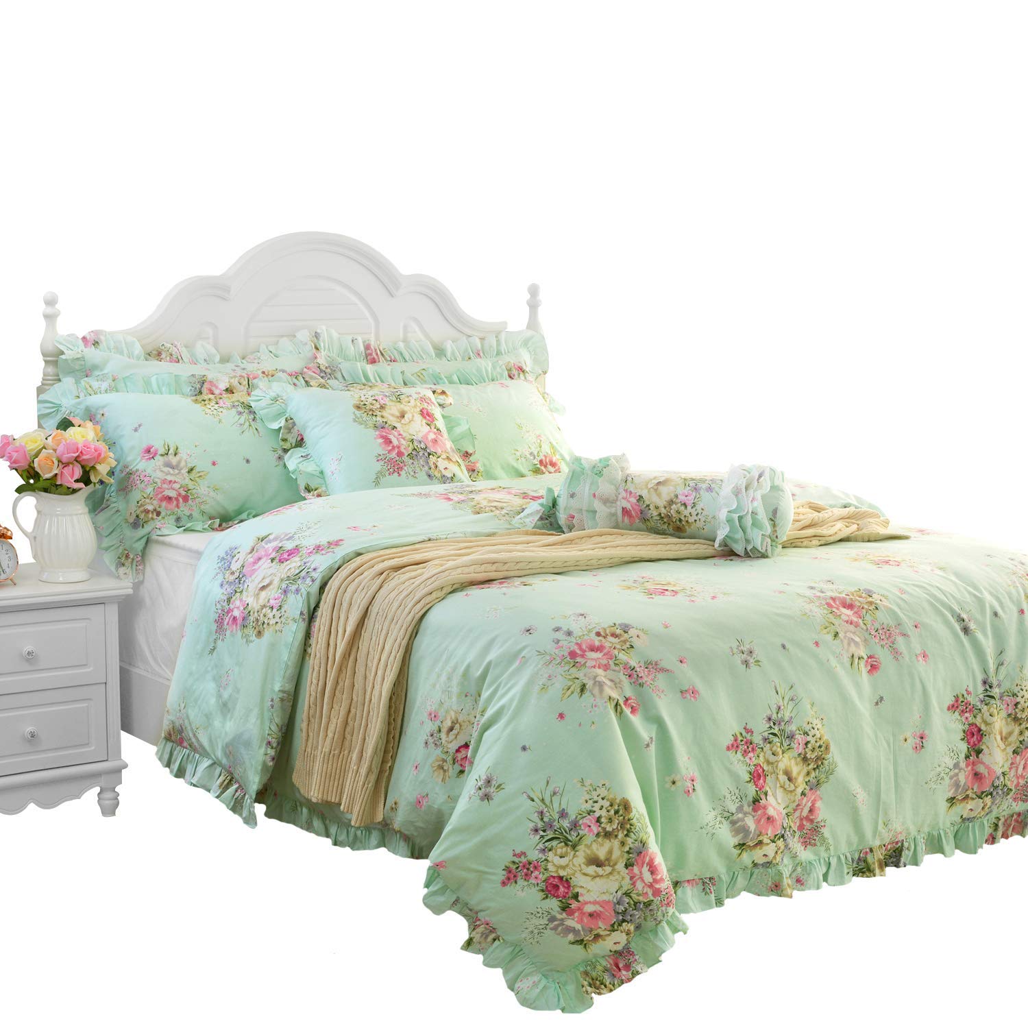 FADFAY Light Robin Egg Blue Duvet Cover Sets Floral Girls Bedding Set 100% Cotton Ruffled Farmhouse Bedding for Women Elegant Garden Style Dorm Bedding (3-Piece, Full Size)