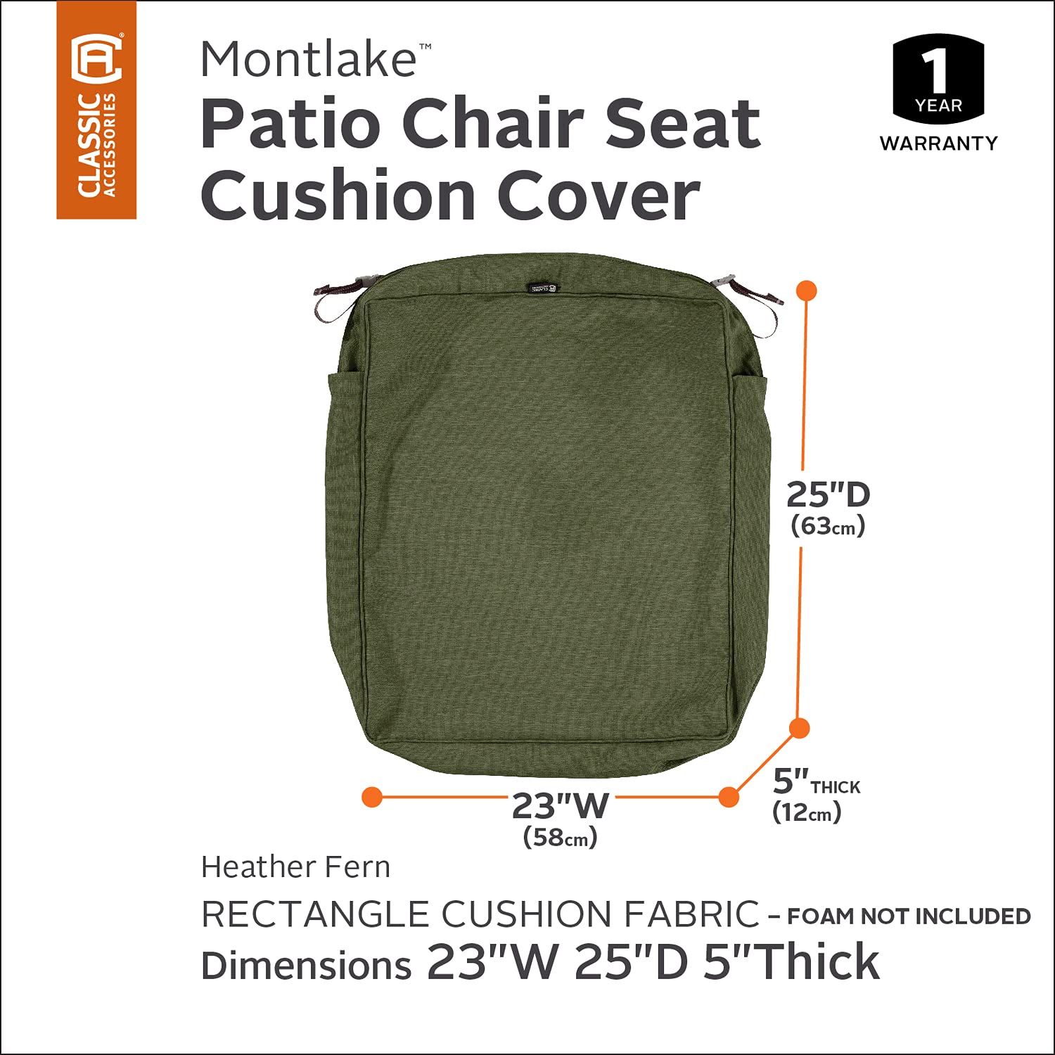 Classic Accessories Montlake Water-Resistant 23 x 25 x 5 Inch Rectangle Outdoor Seat Cushion Slip Cover, Patio Furniture Chair Cushion Cover, Heather Fern Green, Patio Furniture Cushion Covers