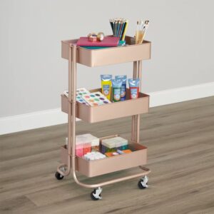 Simply Tidy Lexington 3 Tier Multipurpose Stylish Rolling Storage Cart for Organizing Supplies in Home or Office Spaces, Rose Gold