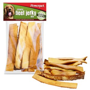 powerpet treats natural smoked beef jerky skin for dogs - premium high protein, grain-free, rawhide-free, long-lasting chews, ideal for all breeds, promotes dental health - easy digestion - 8oz bag