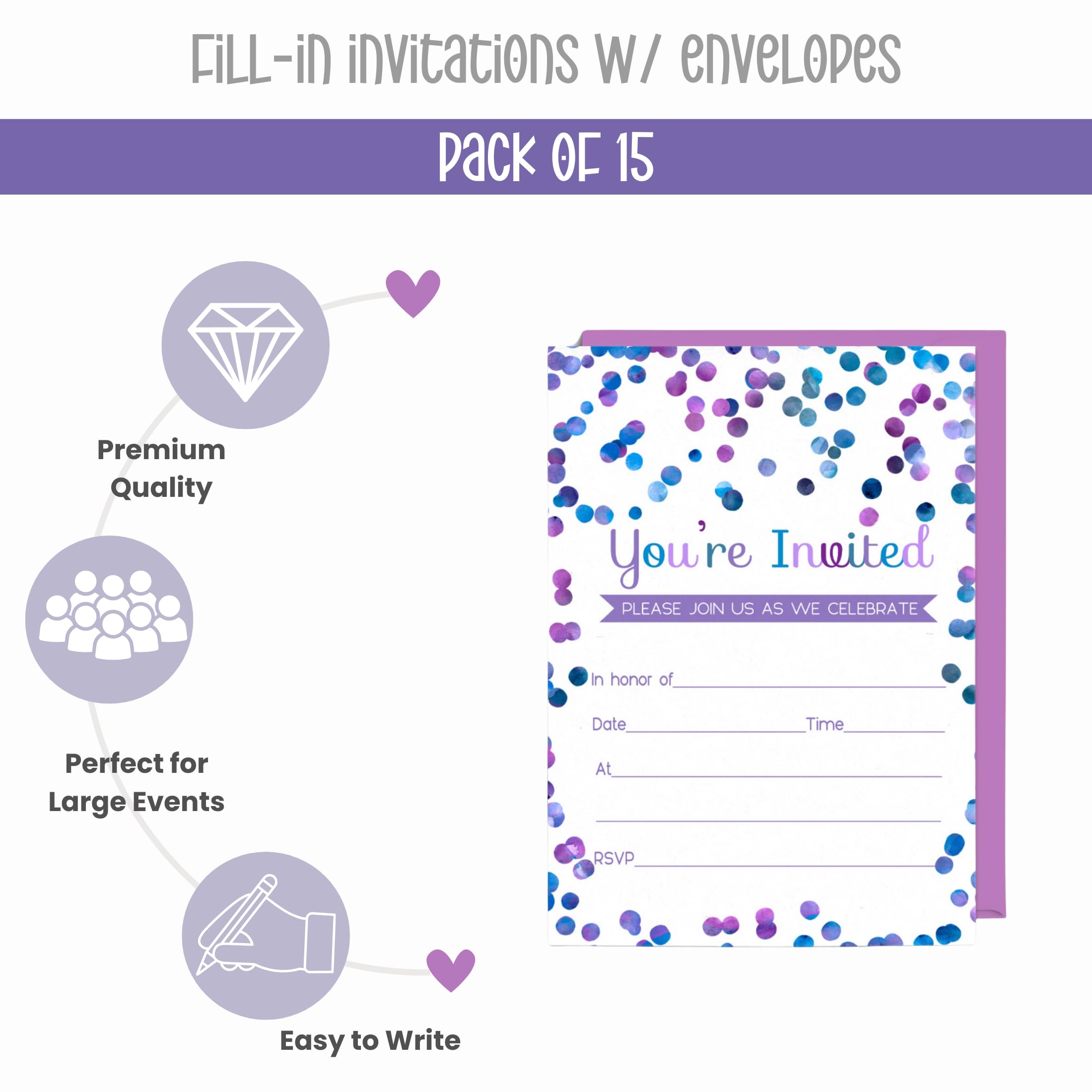 Purple Confetti Invitations with Envelopes (15 Pack) Invites for Girls Birthday, Baby Shower, Teens, Kids, Graduation, Any Party – Abstract Watercolor Dot Theme – Personalize Blank Cards 4x6 Set