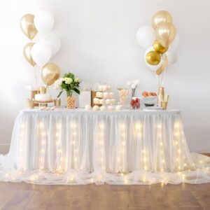 leegleri white tulle table skirt for baby shower,6ft white ruffle tutu table skirt with led light for wedding bridal shower baby shower baptism birthday party banquet decoration