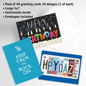 Mega Birthday Greeting Card Value Pack - Set of 40 (20 Designs), Large 5" x 7", Birthday Cards with Sentiments Inside, White Envelopes