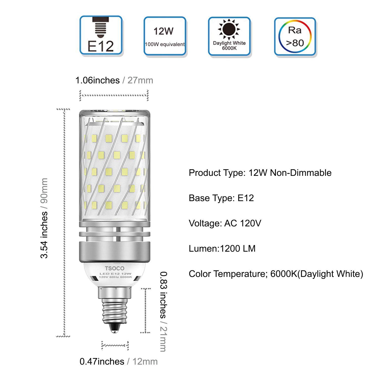 TSOCO E12 LED Bulbs,12W LED Chandelier Light Bulbs,100 Watt Equivalent,6000K Daylight White,1200LM,Non-Dimmable Ceiling Fan Light Bulbs,Pack of 3 (Daylight-12w)