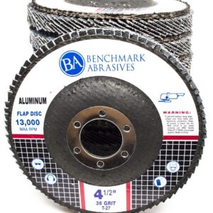 Benchmark Abrasives 4.5" x 7/8" Premium Stearate Coated Type 27 Flap Discs 4 1/2 for Angle Grinder - for Aluminum & Soft Metals - Sanding, Finishing, Grinding Wheels 4 1/2 Inch - (10 Pack) 36 Grit