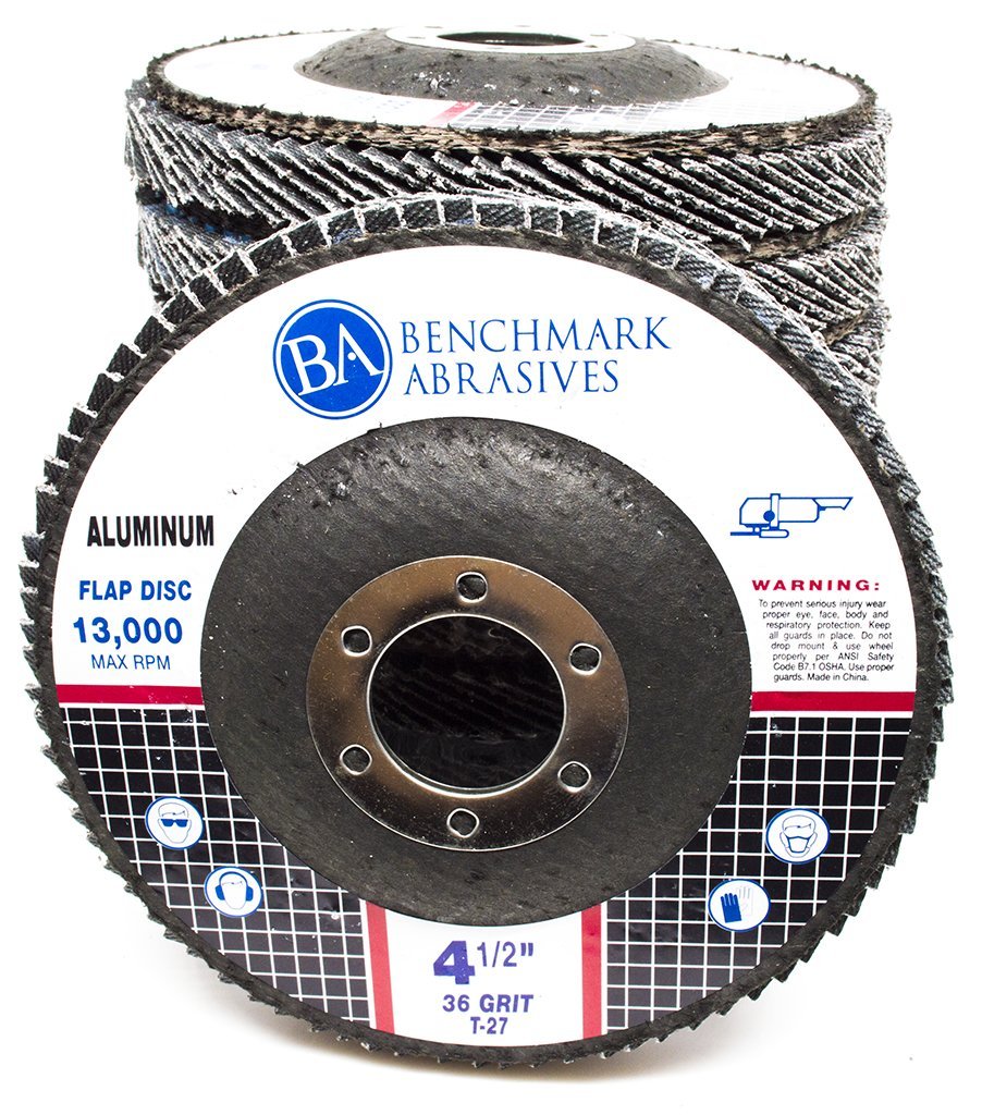 Benchmark Abrasives 4.5" x 7/8" Premium Stearate Coated Type 27 Flap Discs 4 1/2 for Angle Grinder - for Aluminum & Soft Metals - Sanding, Finishing, Grinding Wheels 4 1/2 Inch - (10 Pack) 36 Grit