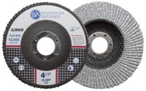 benchmark abrasives 4.5" x 7/8" premium stearate coated type 27 flap discs 4 1/2 for angle grinder - for aluminum & soft metals - sanding, finishing, grinding wheels 4 1/2 inch - (10 pack) 36 grit