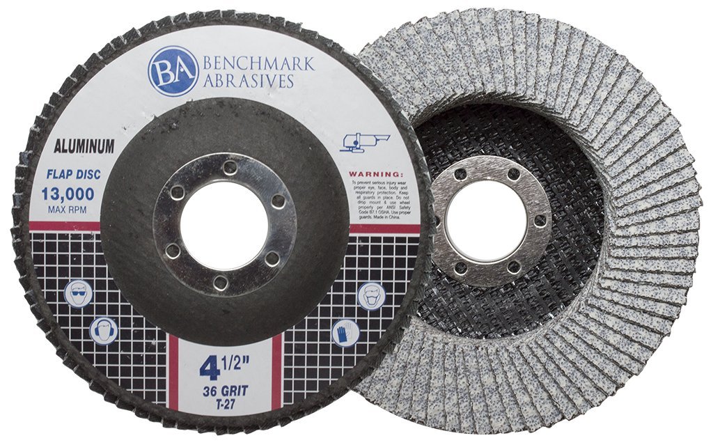 Benchmark Abrasives 4.5" x 7/8" Premium Stearate Coated Type 27 Flap Discs 4 1/2 for Angle Grinder - for Aluminum & Soft Metals - Sanding, Finishing, Grinding Wheels 4 1/2 Inch - (10 Pack) 36 Grit