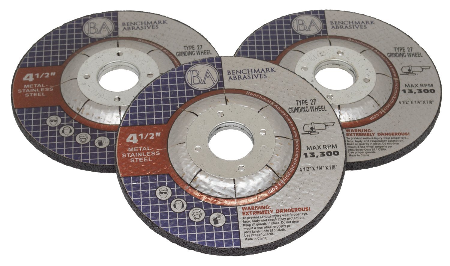 Benchmark Abrasives Grinder Cut Off Wheels 4 1/2 Inch Aluminum Oxide Depressed Center Thin Type 27 for Metals, .045" Thick 7/8" Arbor, Angle Grinder Cutting Disc, Grinding Cutting Wheel - 15 Pack