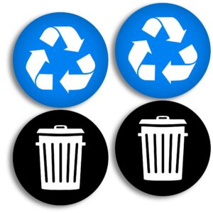 recycle and trash logo stickers 4 pack - 4in circle - for metal or plastic garbage cans, and bins - indoor & outdoor - laminated and uv protected premium decal (blue, small)