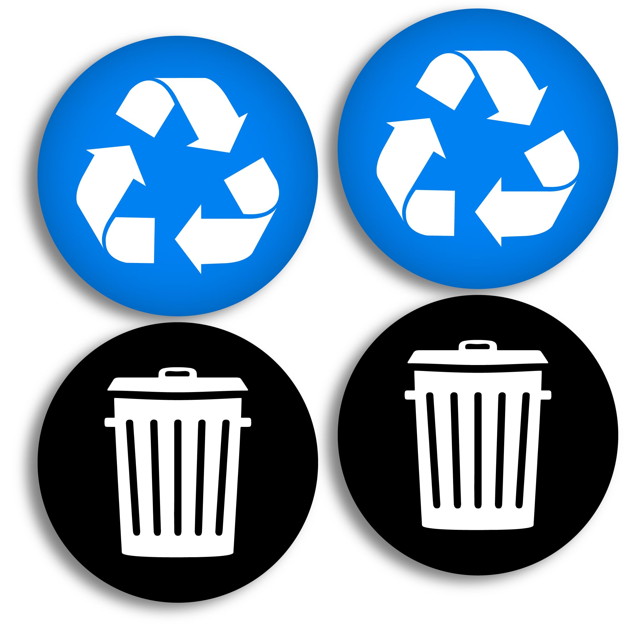 Recycle and Trash Logo Stickers 4 Pack - 4in Circle - for Metal or Plastic Garbage cans, and Bins - Indoor & Outdoor - Laminated and UV Protected Premium Decal (Blue, Small)