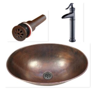 SimplyCopper 17" Oval Copper Vessel Bath Sink with 13" Waterfall Faucet and Daisy Drain Inlcuded