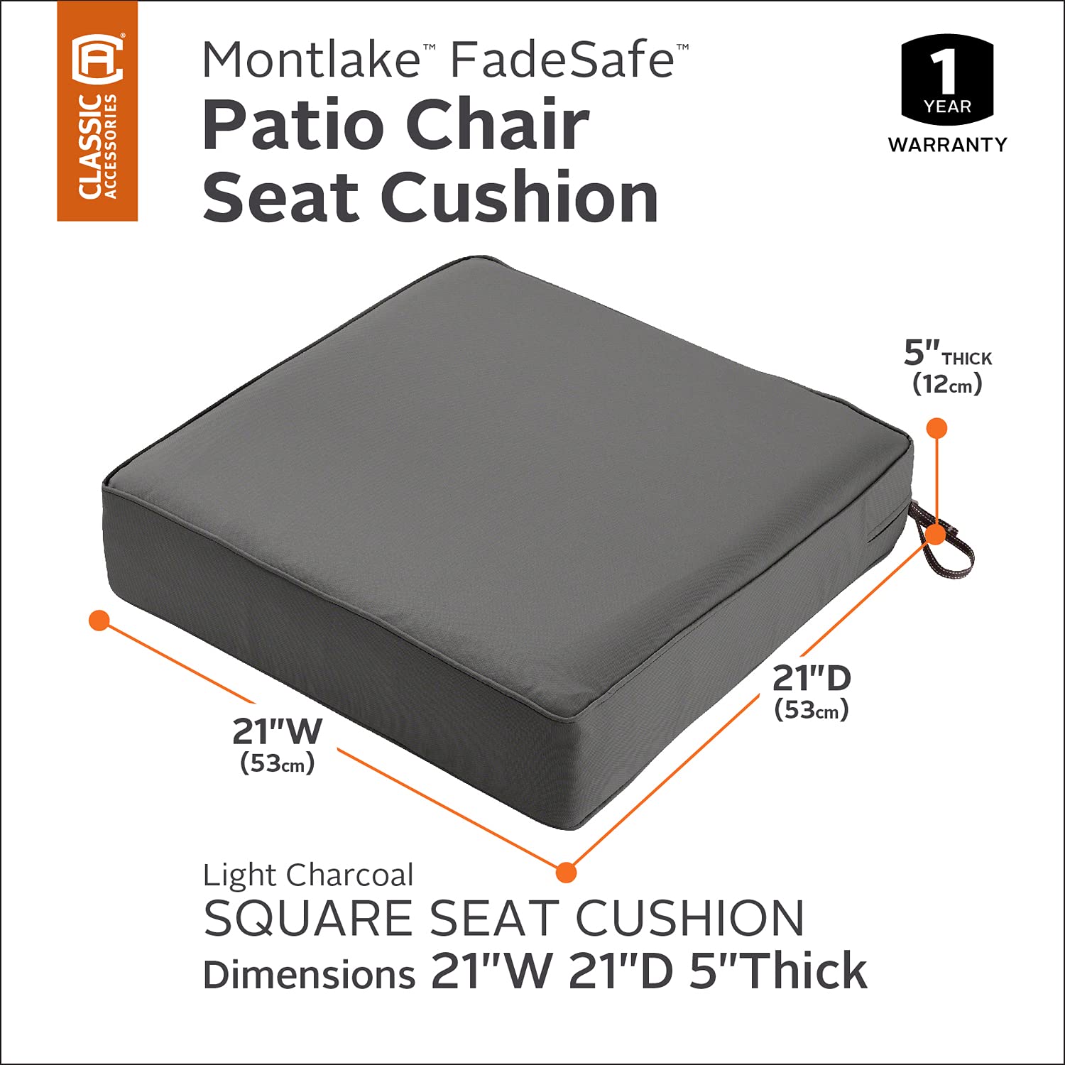 Classic Accessories Montlake Water-Resistant 21 x 21 x 5 Inch Square Outdoor Seat Cushion, Patio Furniture Chair Cushion, Light Charcoal Grey, Patio Furniture Cushion Covers