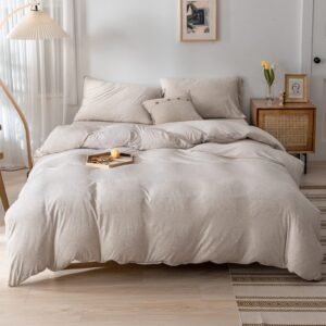 doneus beige duvet cover queen size - jersey knit duvet cover set 100% t-shirt cotton super soft comfy 3 pieces bedding set with zipper closure, solid color pattern duvet cover and 2 pillow sham