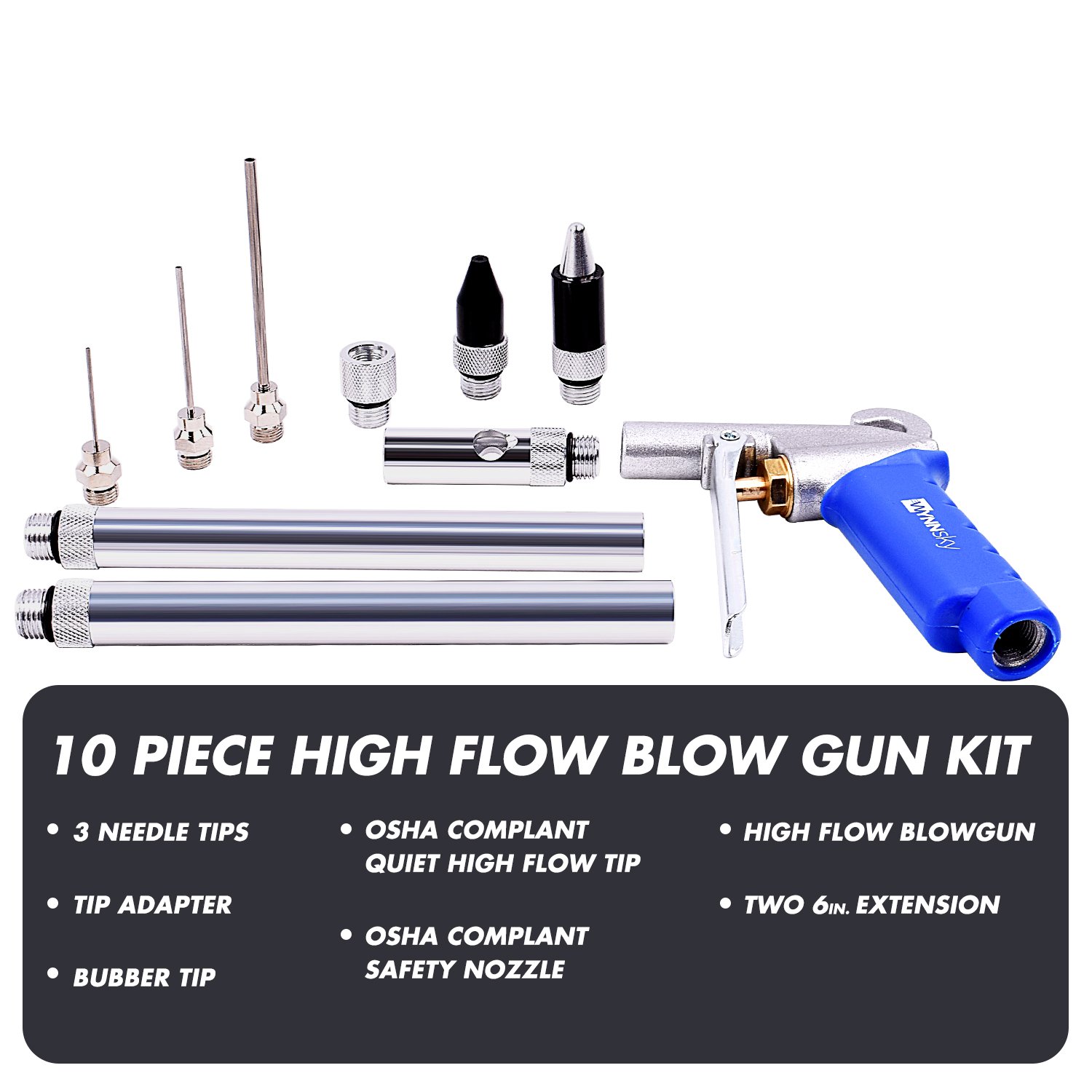 WYNNsky High Flow Air Blow Gun with 9 PCS Blower Tips, 6 inch Extensions, Needle and Rubber Tip, Xtreme Flow Nozzle, Adaptor, 120PSI Working Pressure, Air Compressor Accessories Kit, Cleaning Air Tool