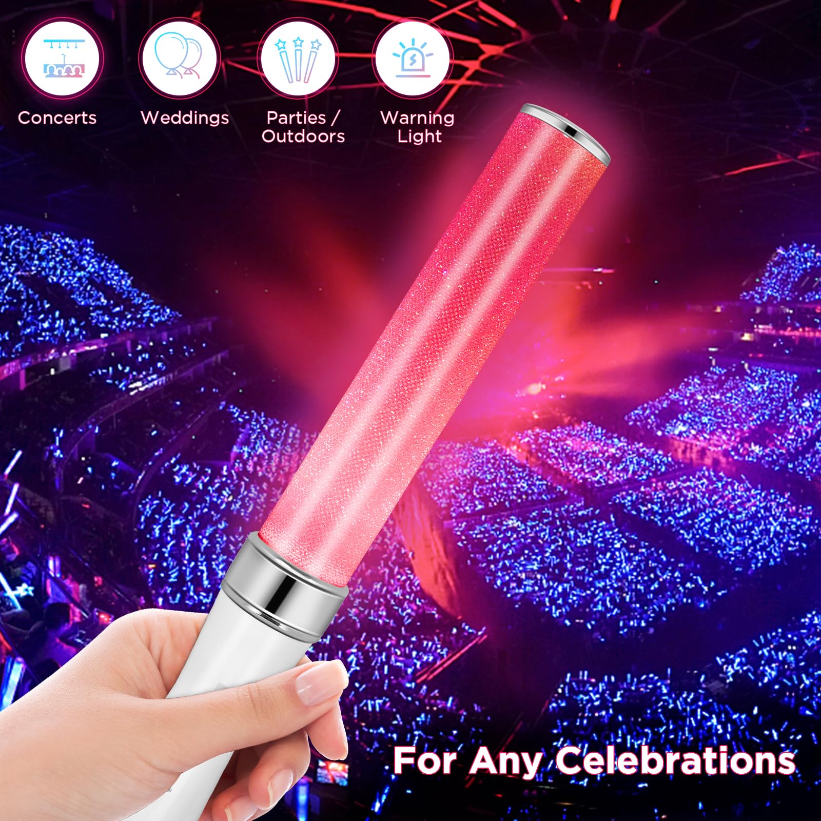 BINWO Reusable LED Glow Sticks(2Pack) with 15 Multicolor, Manual and Automatic Mode, Equipped with AAA Battery Powered LED Sticks, Concert Glowsticks, Raves, Emergency, (15+ Years Old)