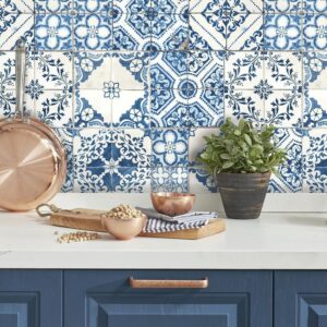 RoomMates RMK11083WP Blue Mediterranian Tile Peel and Stick Wallpaper 20.5" x 16.5 feet