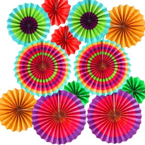 12pcs hanging paper fans party decorations fiesta party supplies, photo props for cinco de mayo carnival mexican taco tuesday vibrant colorful kids party birthday baby shower, multi-color