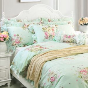 fadfay light robin egg blue duvet cover sets floral girls bedding set 100% cotton ruffled farmhouse bedding for women elegant garden style dorm bedding (3-piece, full size)