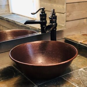 SimplyCopper 14" Round Copper Vessel Bath Sink Brushed Sedona Highlighting