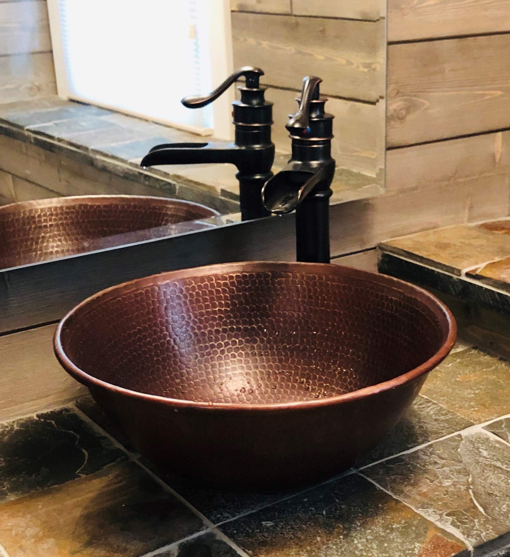 SimplyCopper 14" Round Copper Vessel Bath Sink Brushed Sedona Highlighting