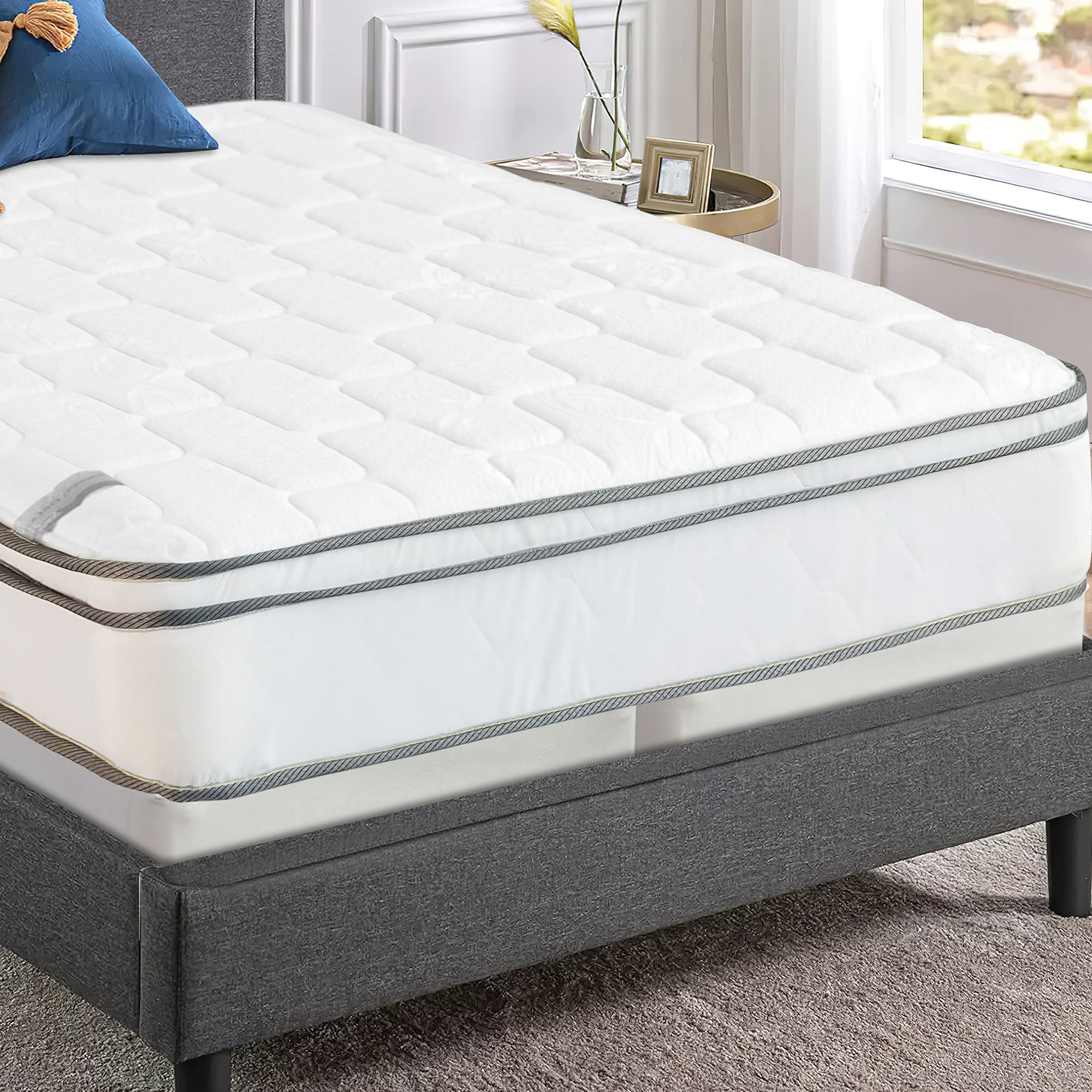 Mattress Solution Eurotop Pillowtop Innerspring Mattress And 4" Low Profile Split Wood Boxspring/Foundation Set, Full XL