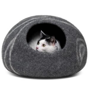 meowfia cat cave – premium felt cat bed for indoor cats, handmade 100% merino wool (dark shades) (medium, dark grey)