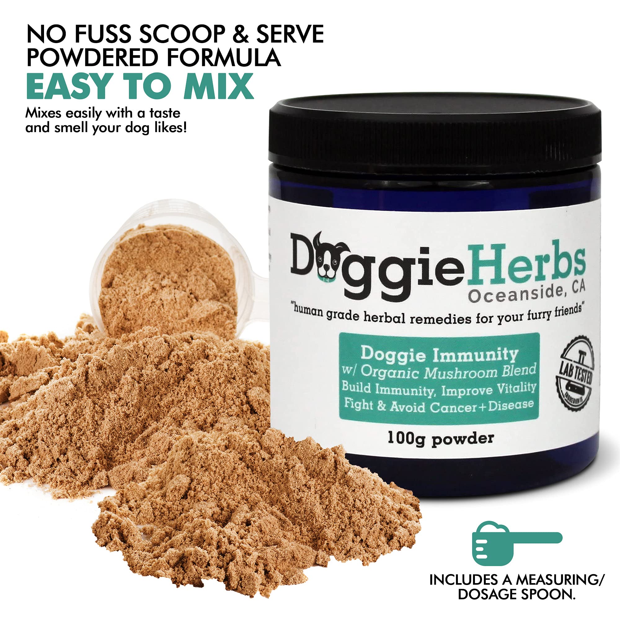 Doggie Herbs Immunity for Dogs Organic Mushrooms 22.3% Beta Glucan - Canine Health & Immunity Boost Dog Supplements - Herbal Powder w Dose Scoop -100g